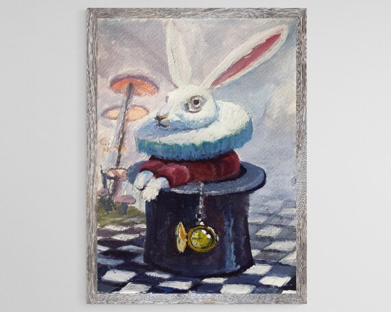 White Rabbit in a Hat Pop Art Original Painting on Paper Alice - Etsy