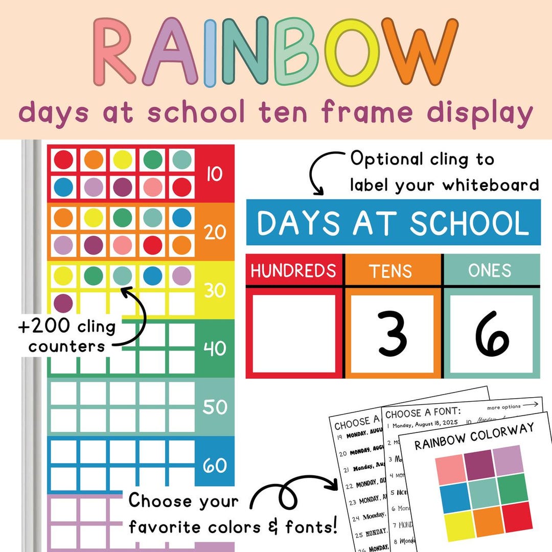 Rainbow Days at School Ten Frame Whiteboard Clings + Counters ...