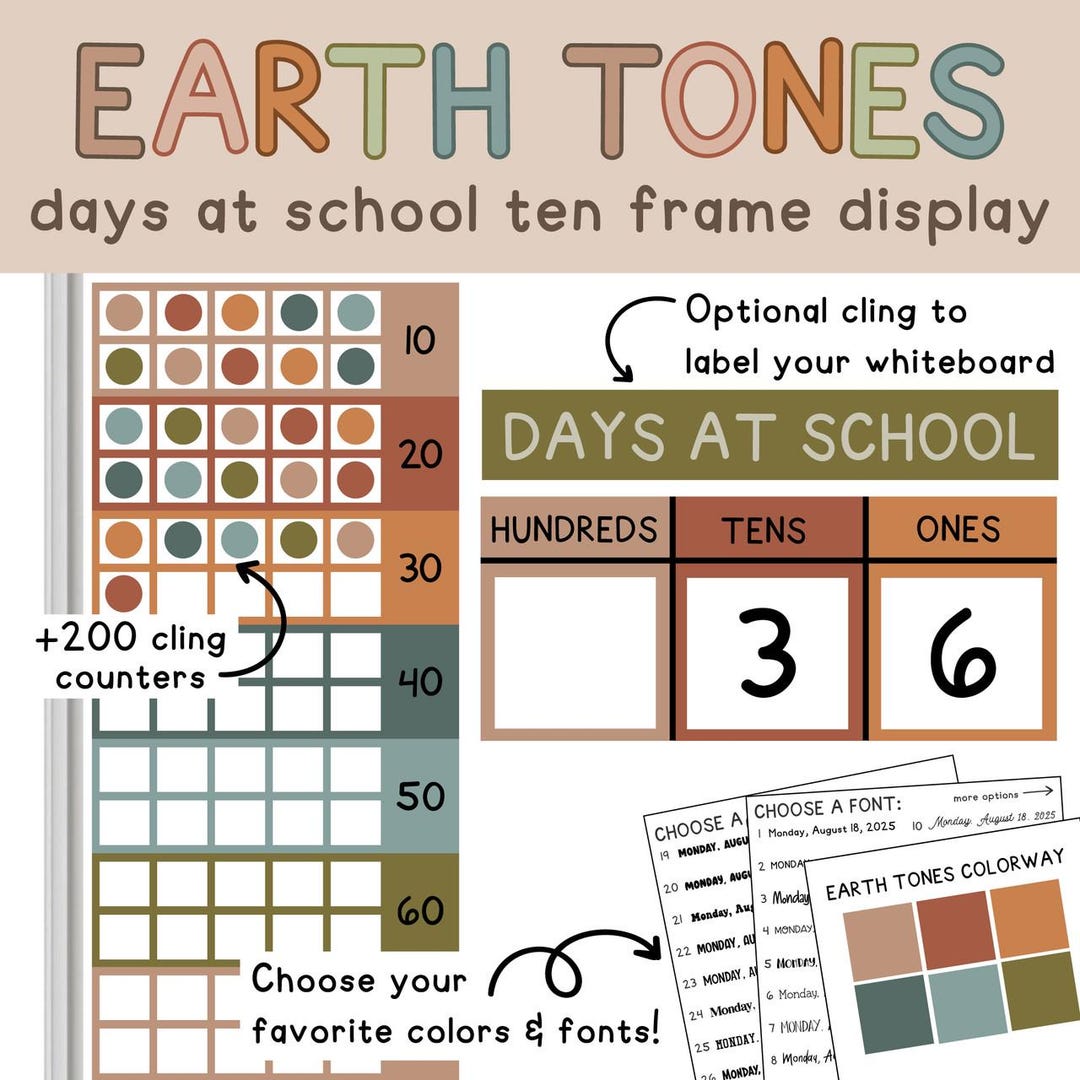 Earth Tones Days at School Ten Frame Whiteboard Clings + Counters ...