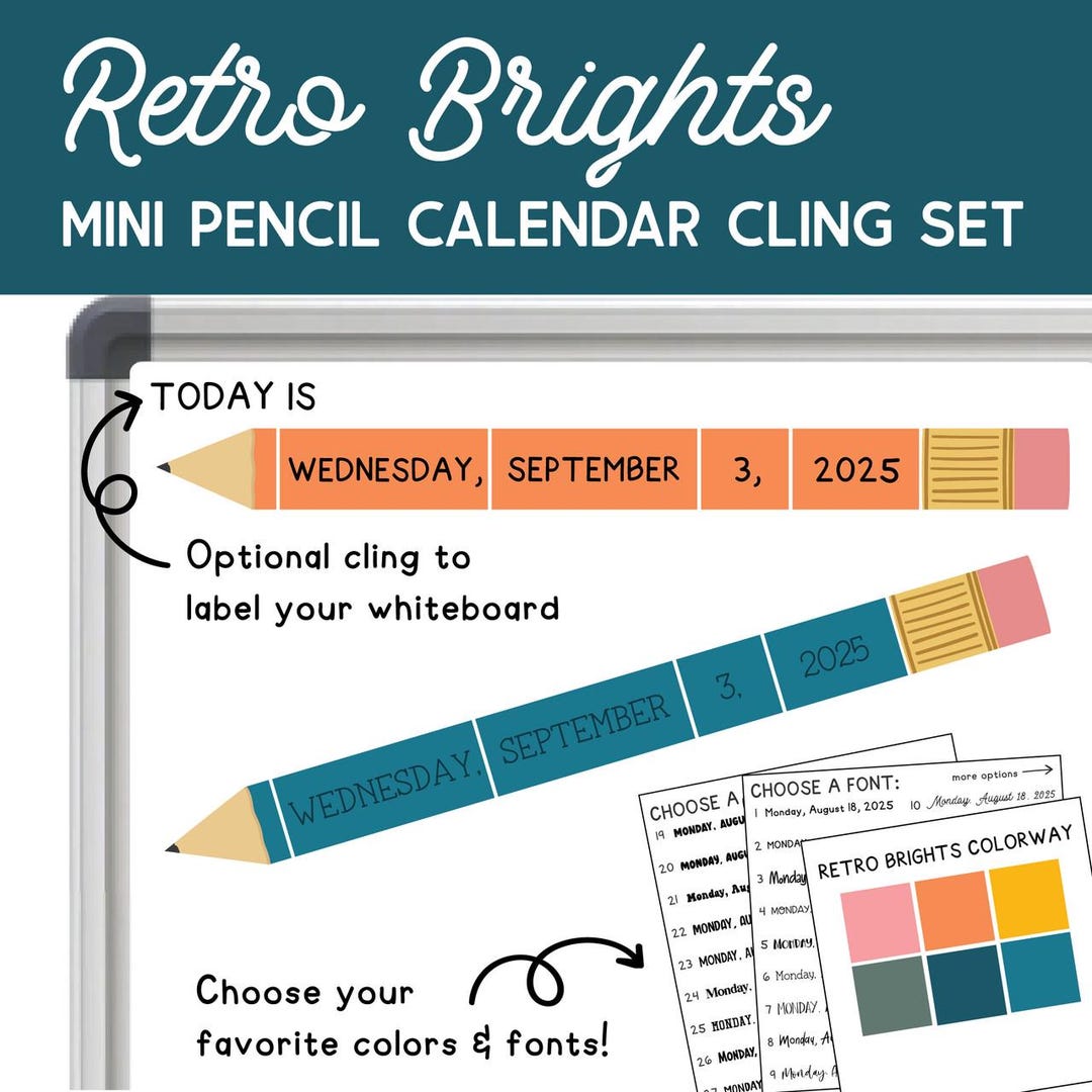 Retro Brights Mini Pencil Calendar Whiteboard Cling Set – Reusable ...