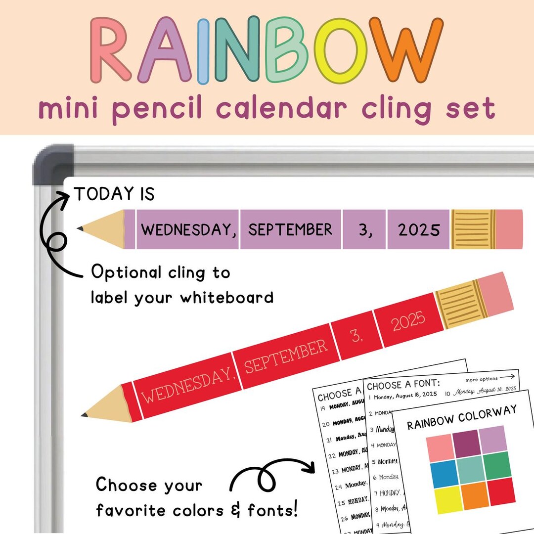 Rainbow Mini Pencil Calendar Whiteboard Cling Set – Reusable Classroom ...
