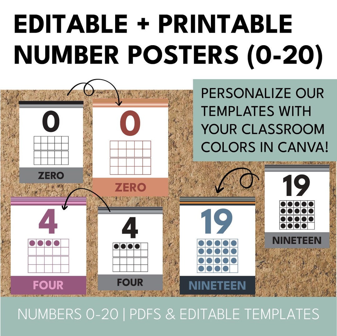 0-20 Number Posters | Printable + Editable | Edit the Colors in Canva ...