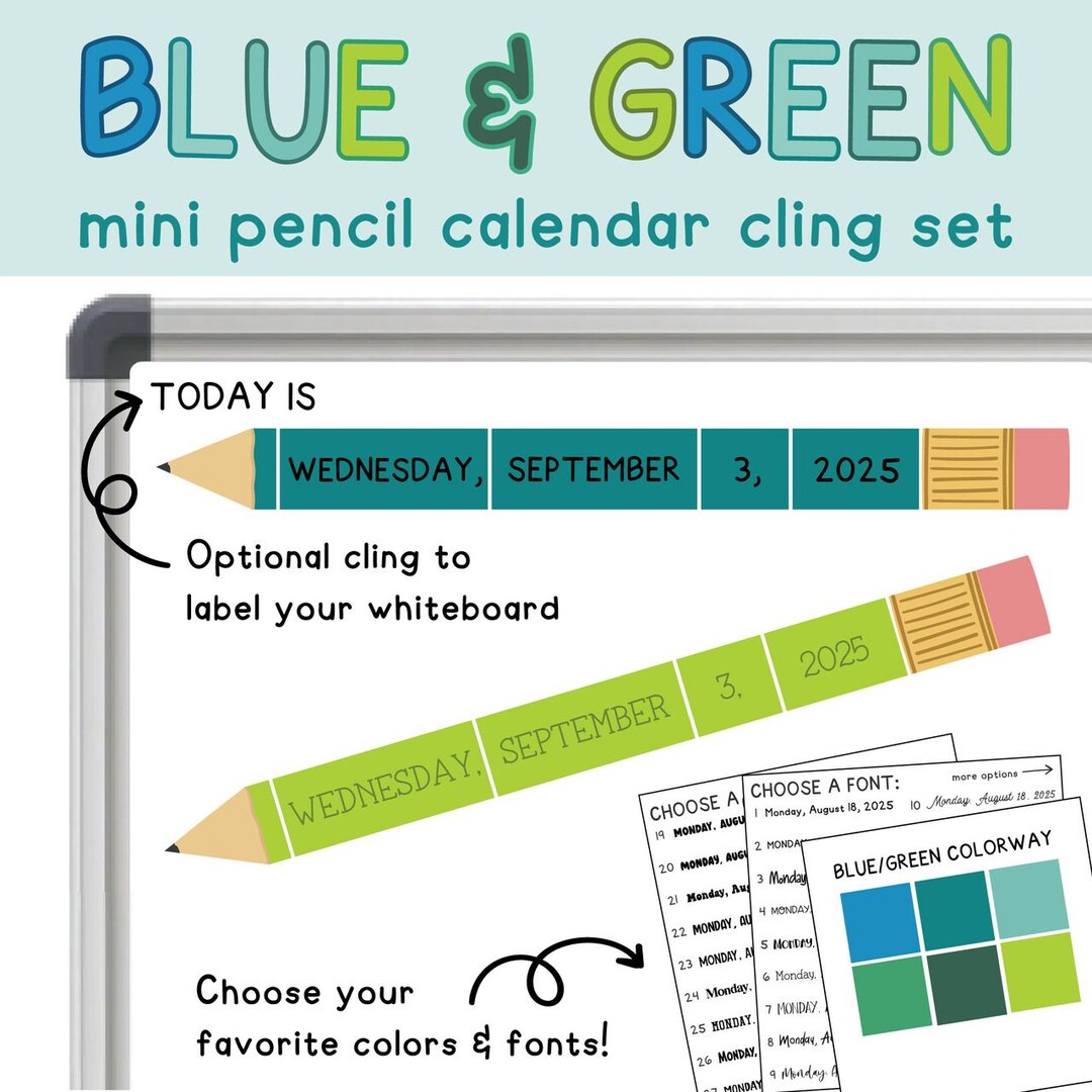 Blue and Green Mini Pencil Calendar Whiteboard Cling Set – Reusable ...