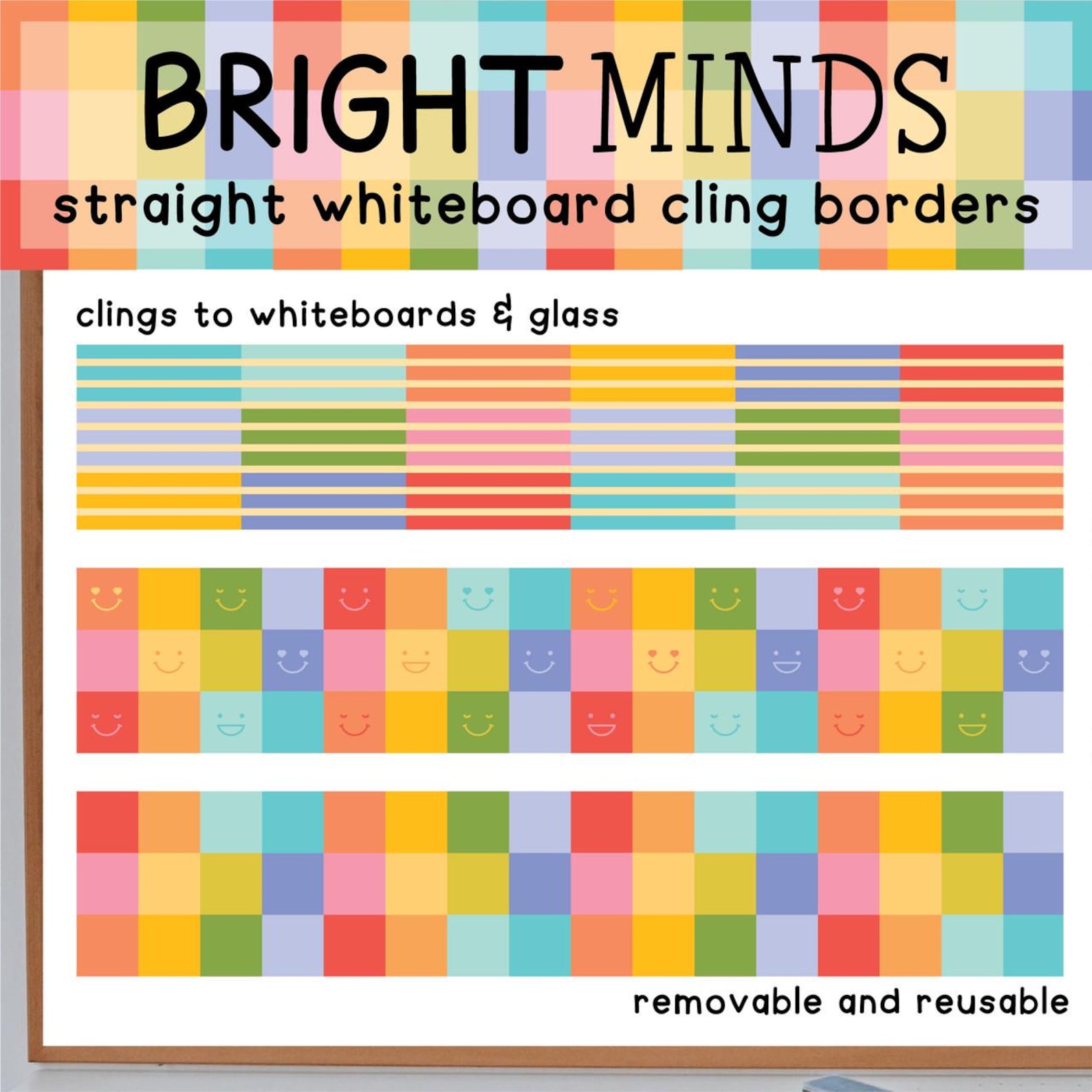 Bright Minds Whiteboard Cling Borders – Reusable Straight Borders ...