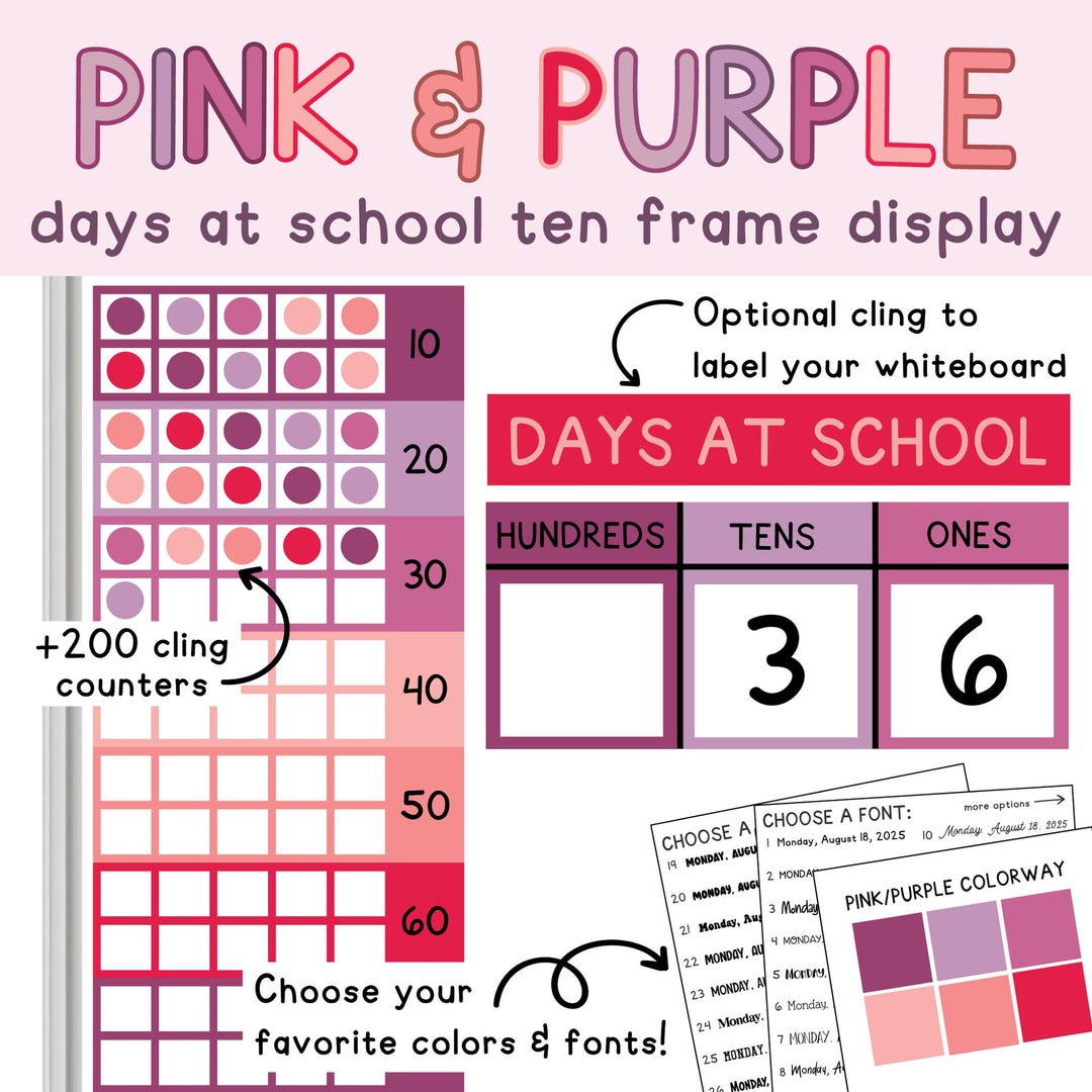 Pink and Purple Days at School Ten Frame Whiteboard Clings + Counters ...