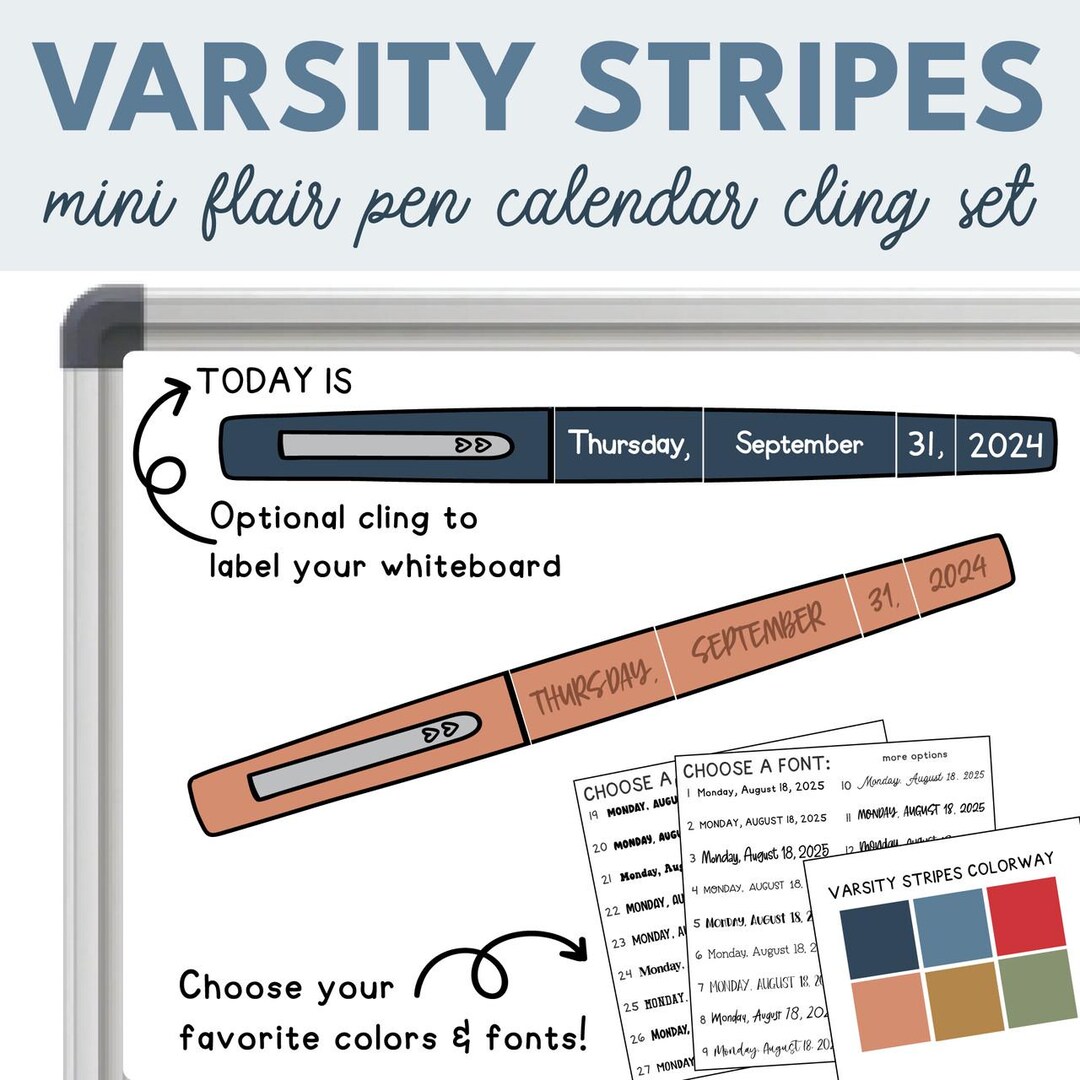 Varsity Stripes Mini Flair Pen Calendar Whiteboard Cling Set – Reusable ...