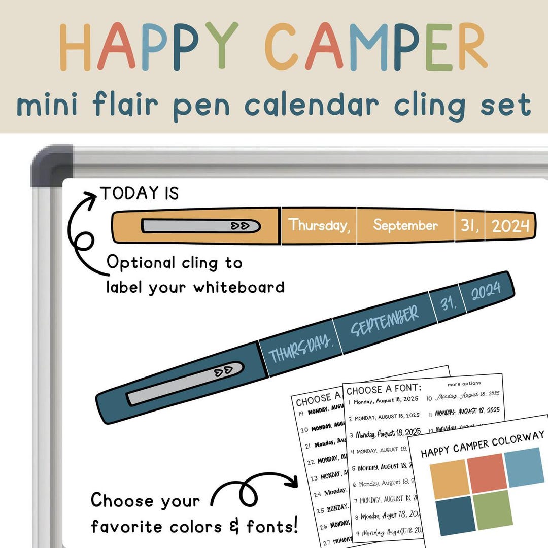 Happy Camper Mini Flair Pen Calendar Whiteboard Cling Set – Reusable ...