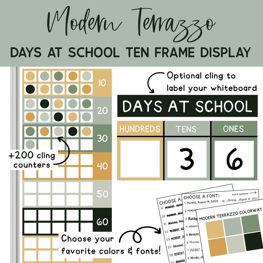Modern Terrazzo Days at School Ten Frame Whiteboard Clings + Counters ...
