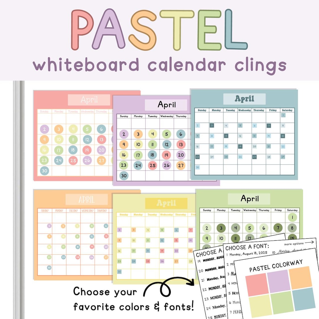 Pastel Whiteboard Cling Calendar | Removable & Reusable | No Adhesive ...