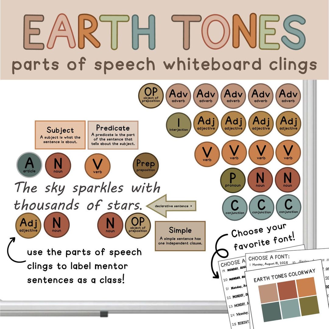 Earth Tones Parts of Speech Whiteboard Clings – Reusable Grammar ...