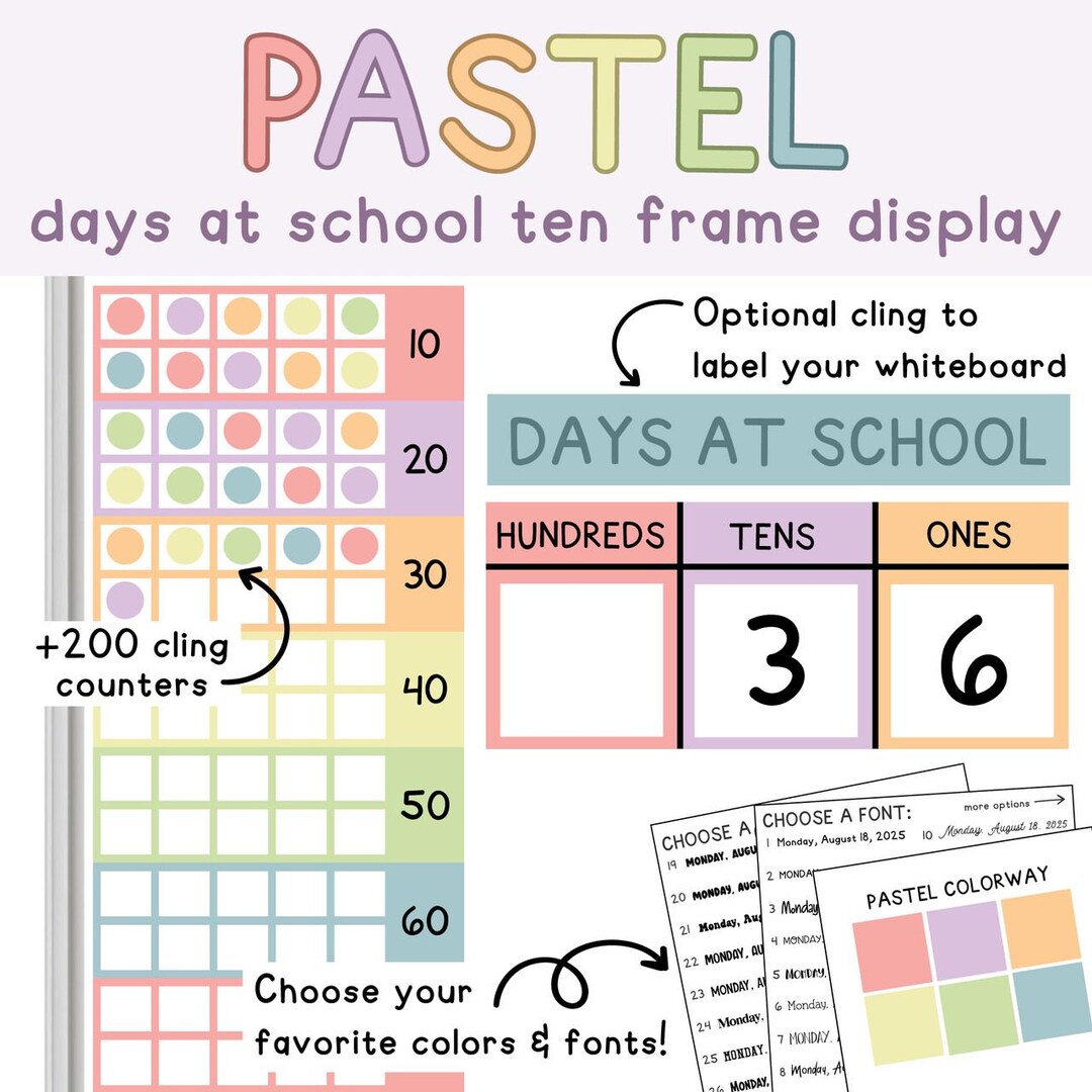 Pastel Days at School Ten Frame Whiteboard Clings + Counters – Reusable ...