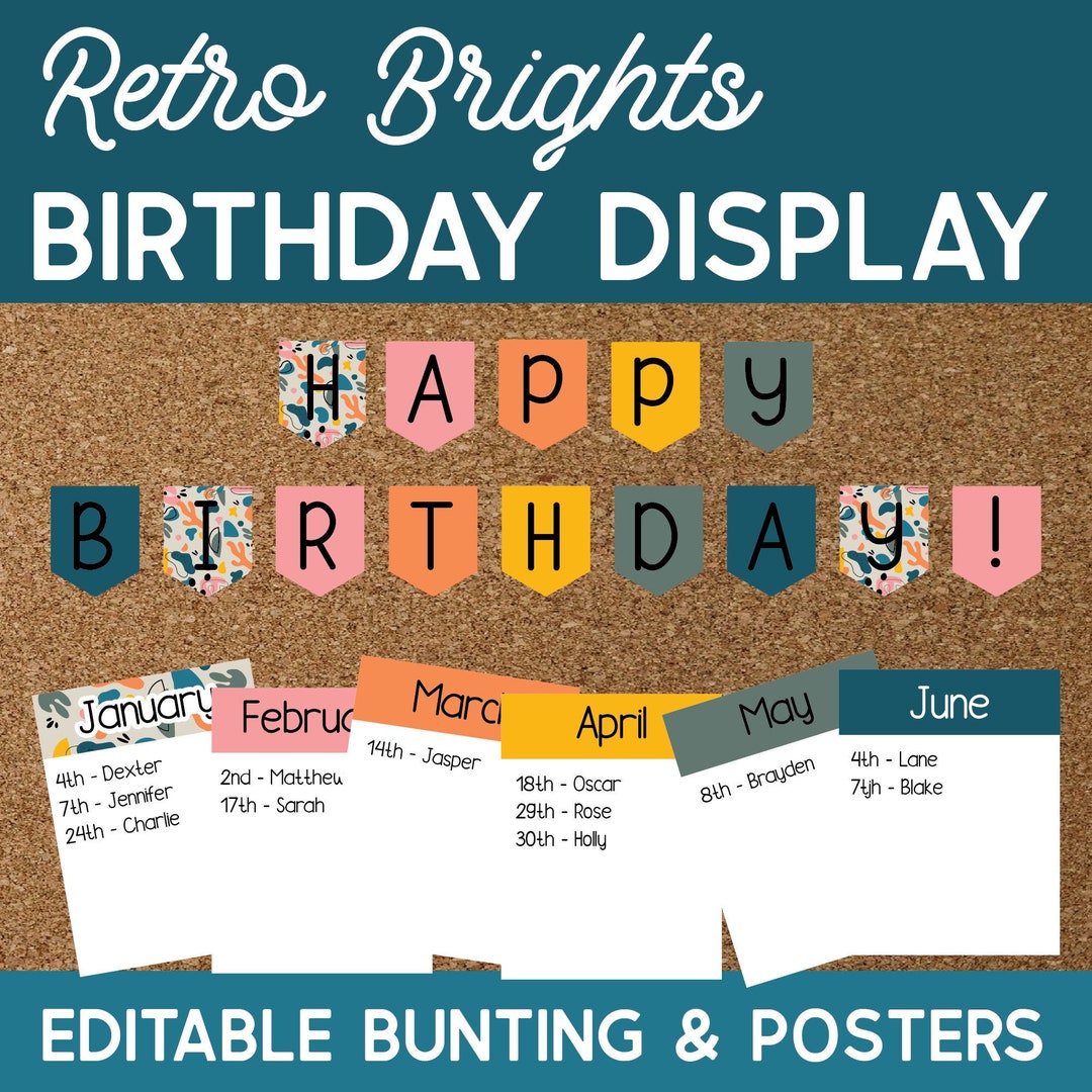 Retro Brights Editable Birthday Display | Classroom Monthly Birthday ...