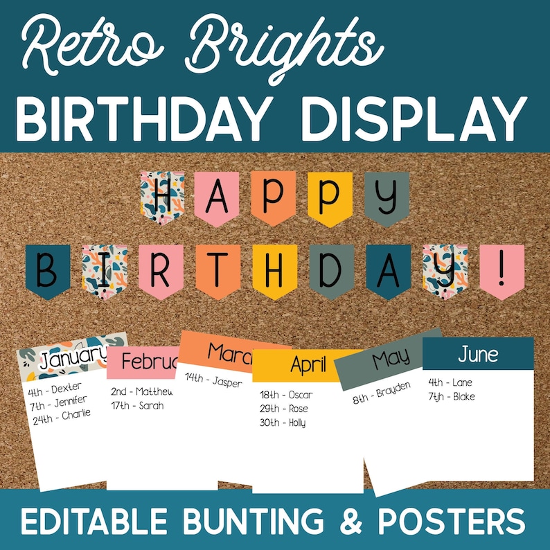 Retro Brights Editable Birthday Display Classroom Monthly - Etsy