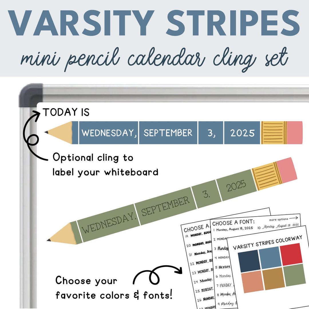 Varsity Stripes Mini Pencil Calendar Whiteboard Cling Set – Reusable ...