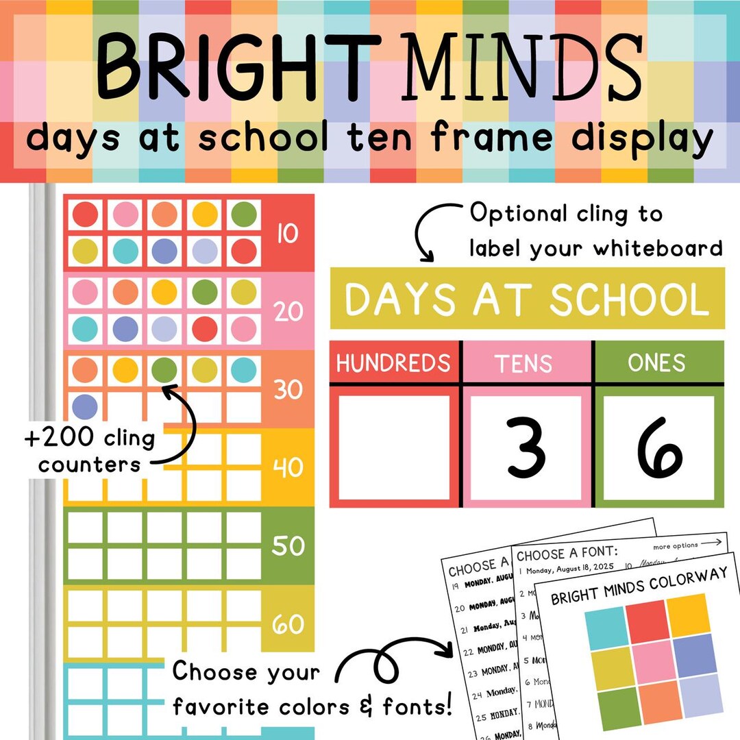 Bright Minds Days at School Ten Frame Whiteboard Clings + Counters ...