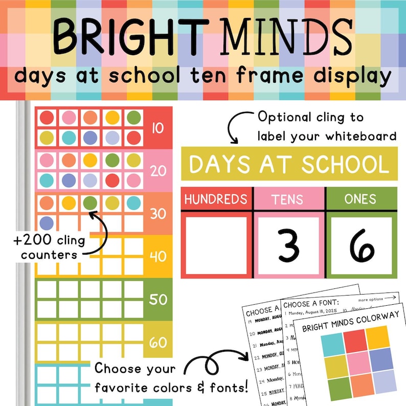 Bright Minds Days at School Ten Frame Whiteboard Clings + Counters ...