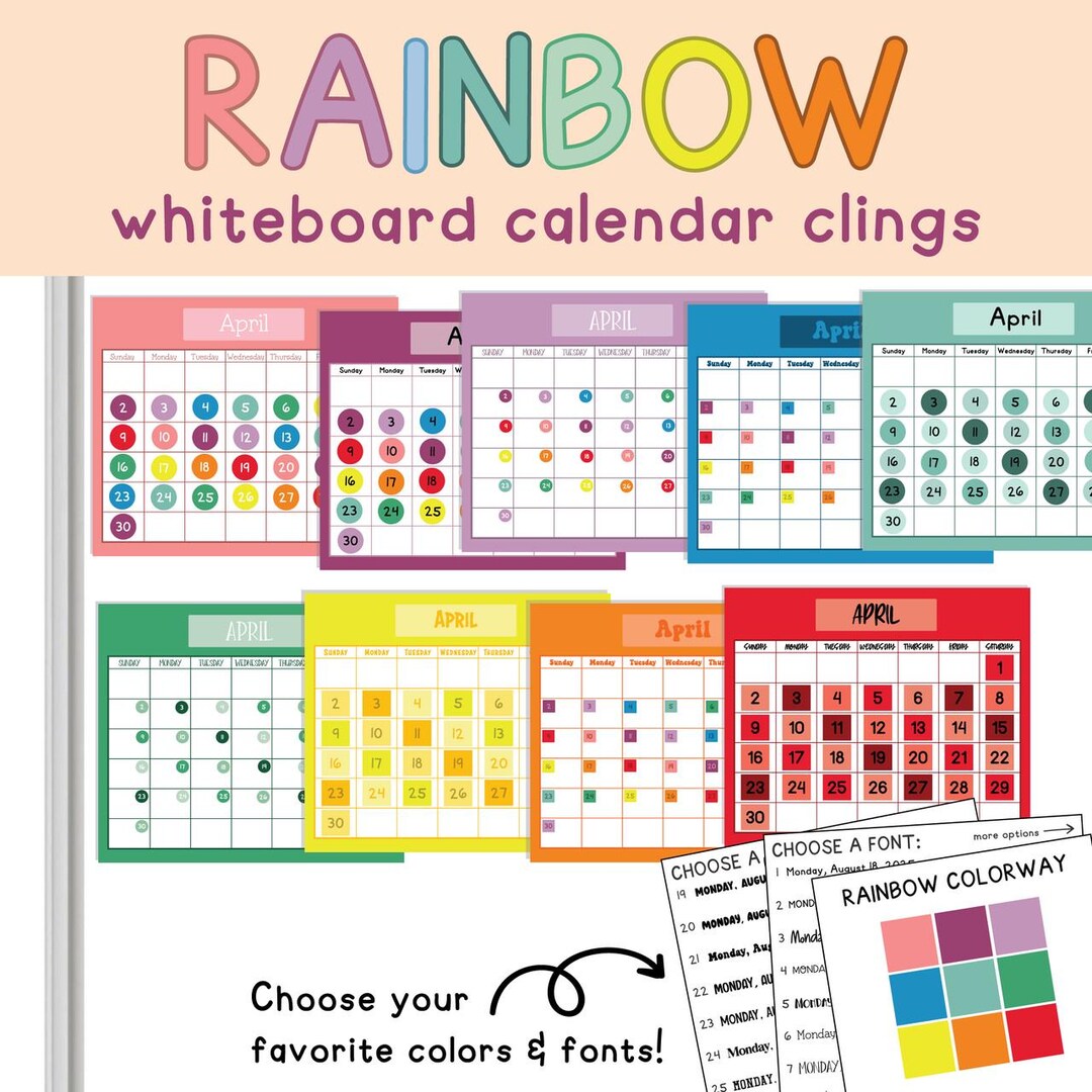 Rainbow Whiteboard Cling Calendar | Removable & Reusable | No Adhesive ...