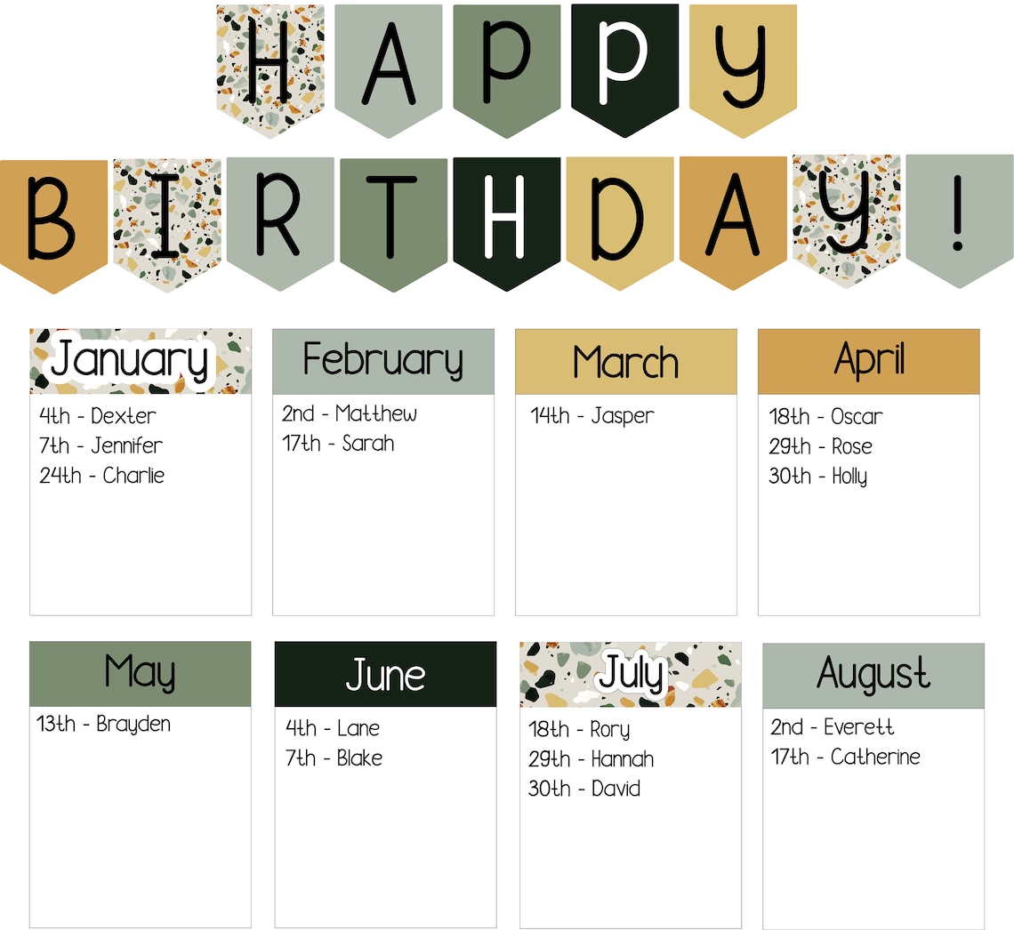Modern Terrazzo Editable Birthday Display | Classroom Monthly Birthday ...