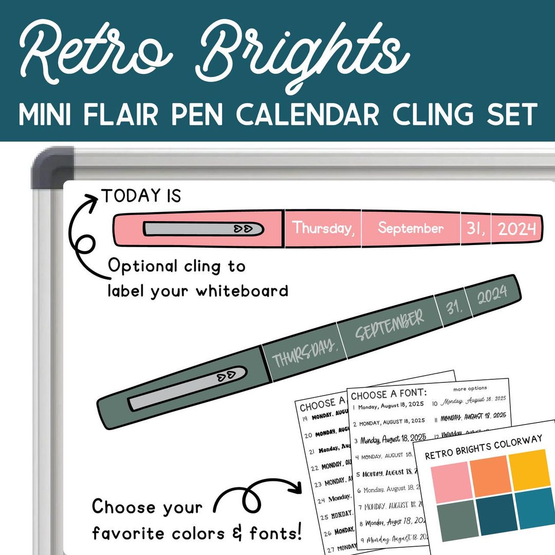 Retro Brights Mini Flair Pen Calendar Whiteboard Cling Set – Reusable ...