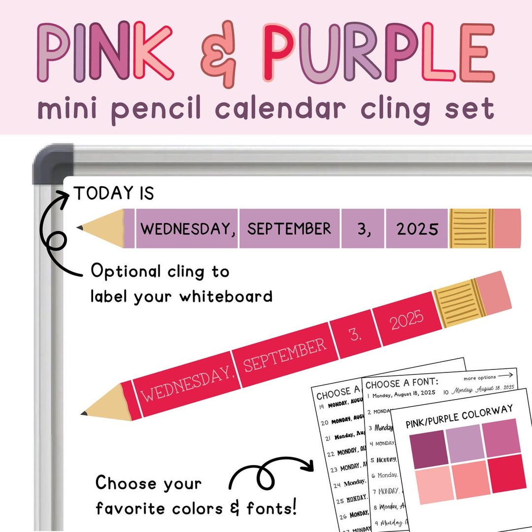 Pink and Purple Mini Pencil Calendar Whiteboard Cling Set – Reusable ...