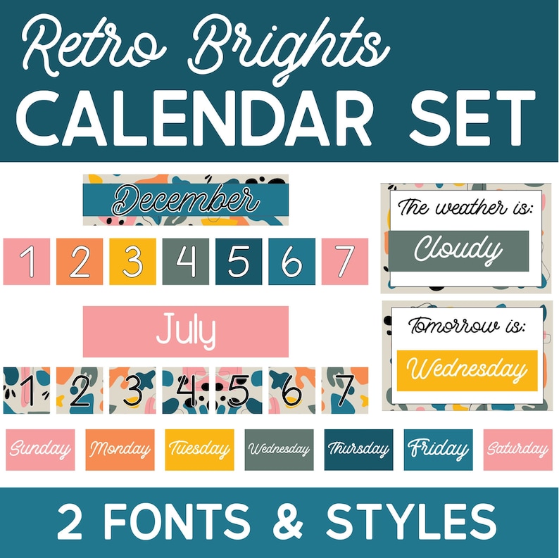 Retro Brights Calendar Bulletin Board Bundle Printable PDF - Etsy