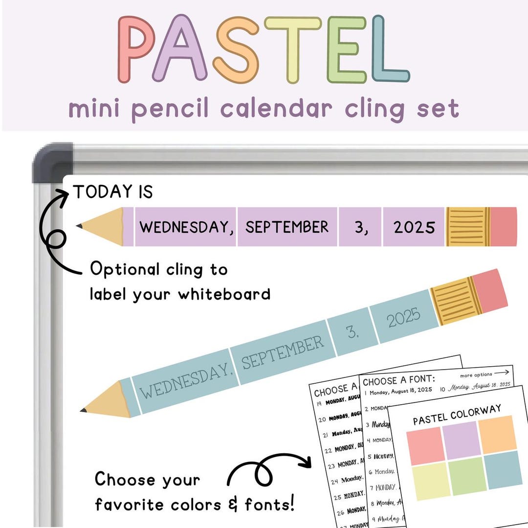 Pastel Mini Pencil Calendar Whiteboard Cling Set – Reusable Classroom ...