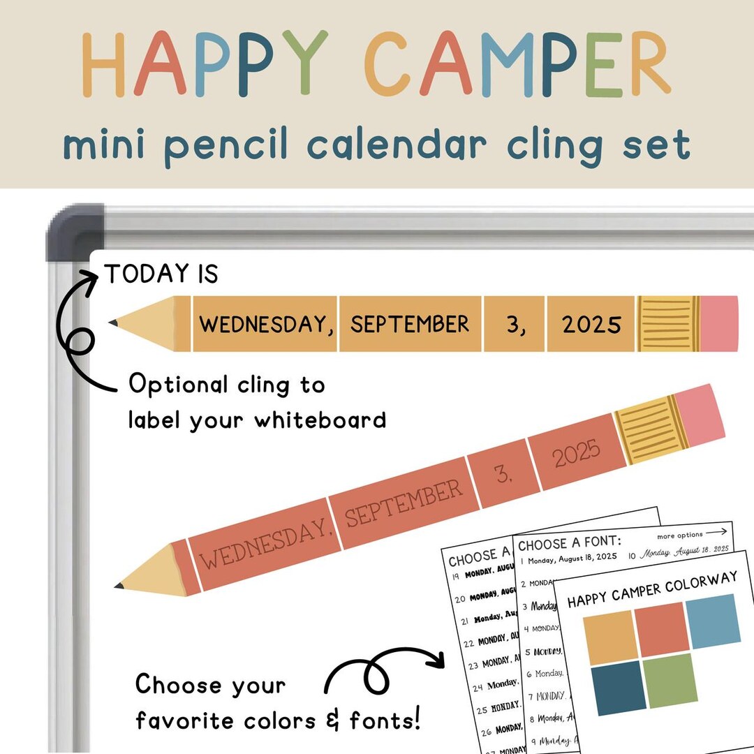 Happy Camper Mini Pencil Calendar Whiteboard Cling Set – Reusable ...