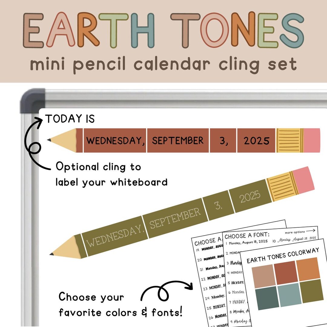 Earth Tones Mini Pencil Calendar Whiteboard Cling Set – Reusable ...