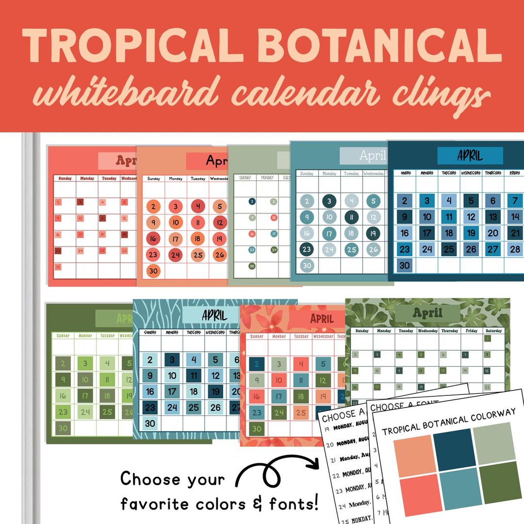 Tropical Botanical Whiteboard Cling Calendar | Removable & Reusable ...