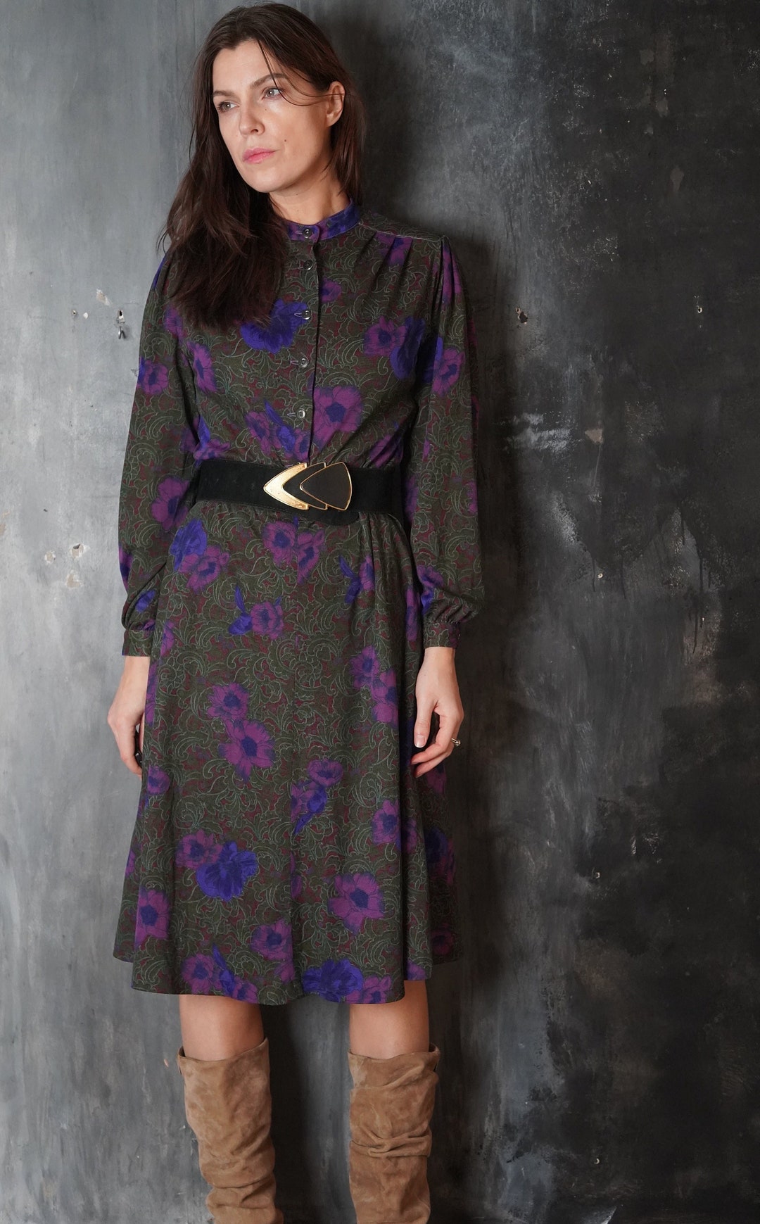 Vintage Blue Green Floral Dress / 80s Floral Dress / Long Sleeve Button ...