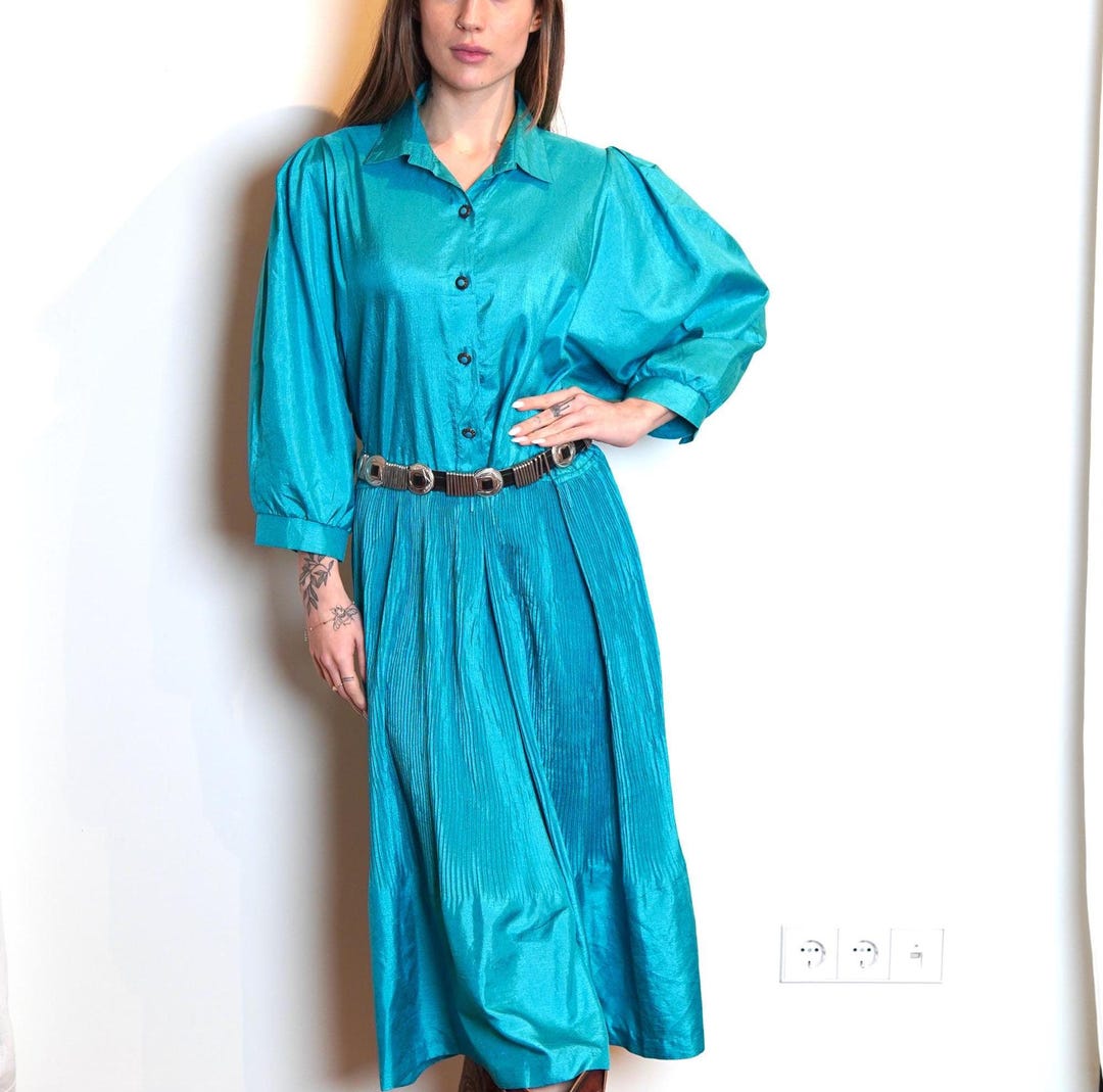 Vintage 80s Inspiration Turquoise Midi Dress / Long Button Down Dress ...