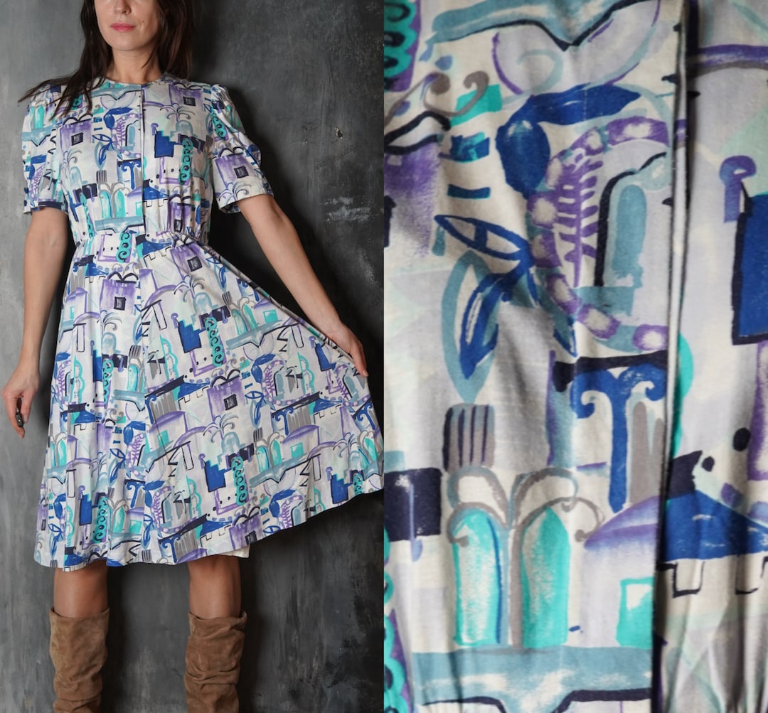 80s White Abstract Dress /80s Large Summer Dress / Vintage Short Sleeve ...