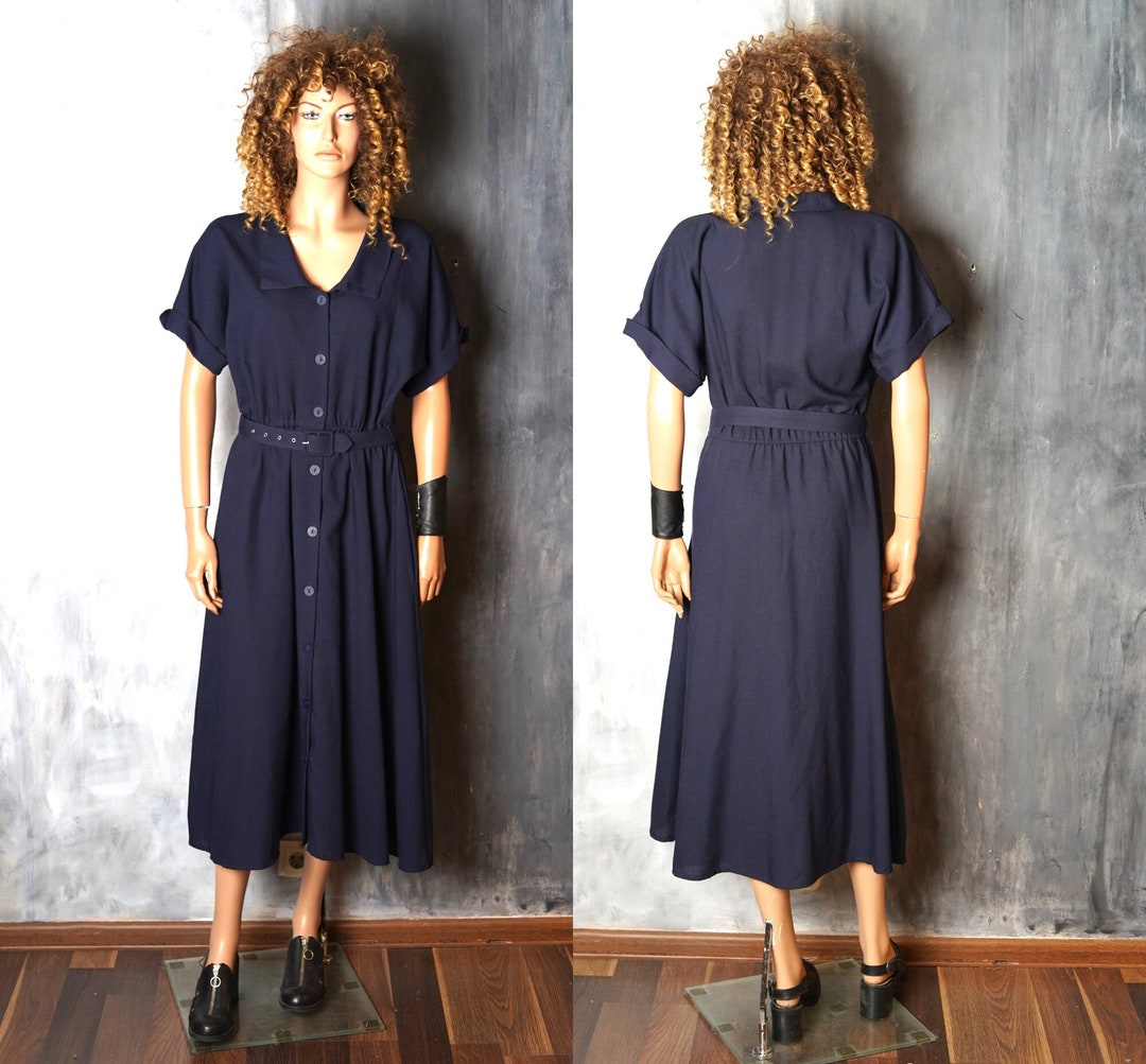 Vintage Chanelle Dark Blue Buttoned Dress With Belt and - Etsy