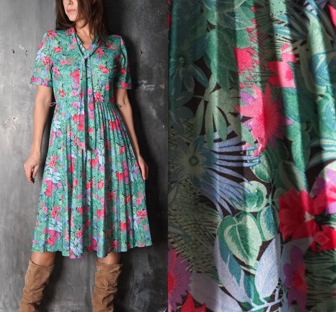 Vintage Green Floral Dress / Pleated Dress / Accordion Dress / 80s ...