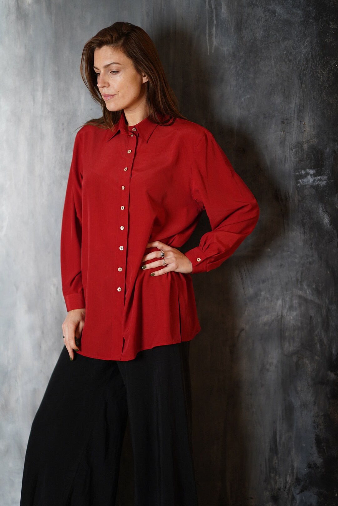Erfo Exclusive Red Shirt / Women Red Long Sleeve Loose Fit Blouse / 90s ...