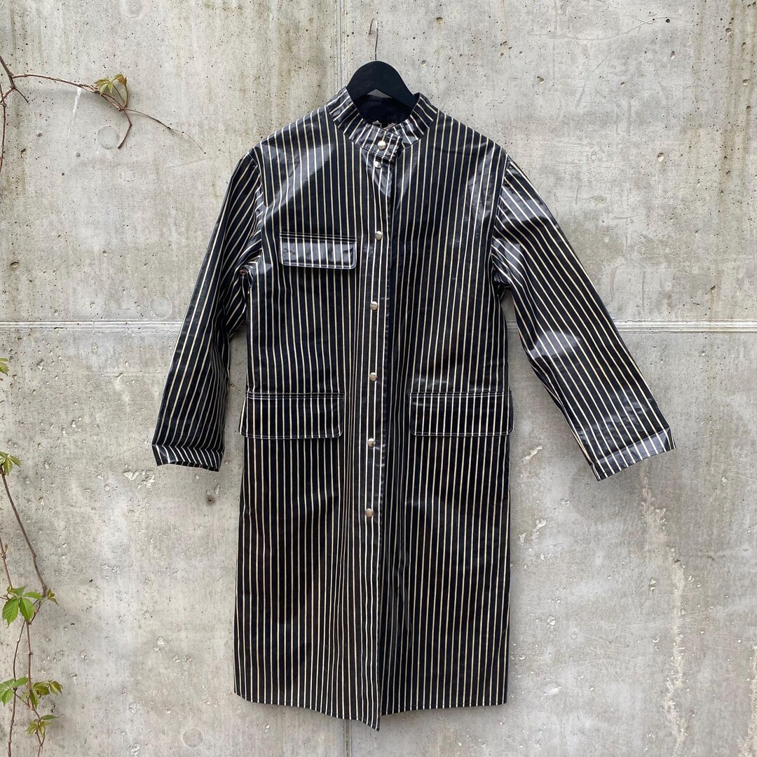 70s Marimekko X Rukka Black Beige Striped PVC Shiny Raincoat / Vintage ...