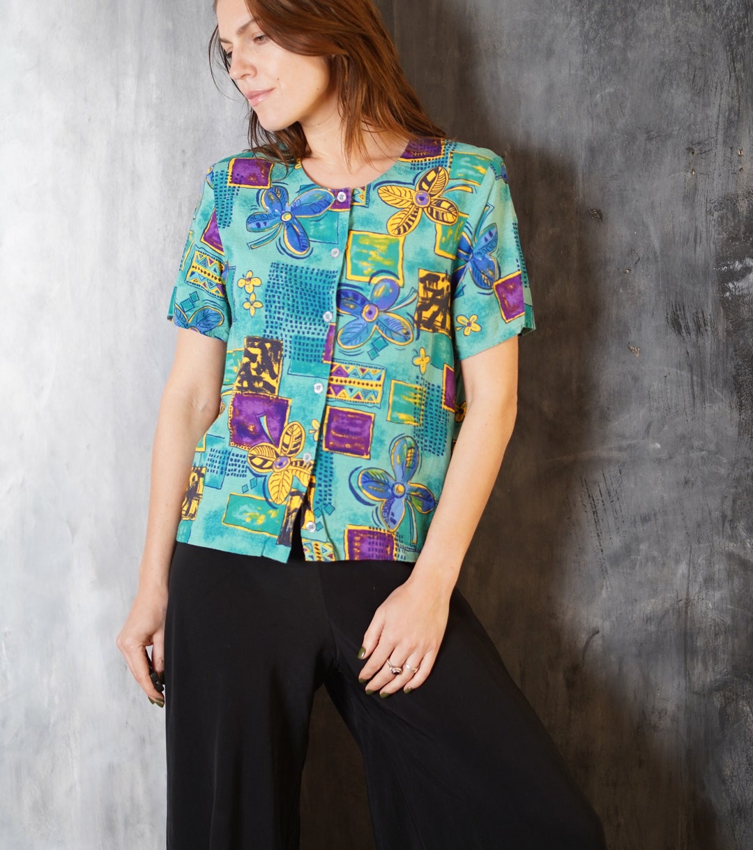 90s Floral Viscose Blouse: Vintage Electric Blue Button-up Shirt - Etsy