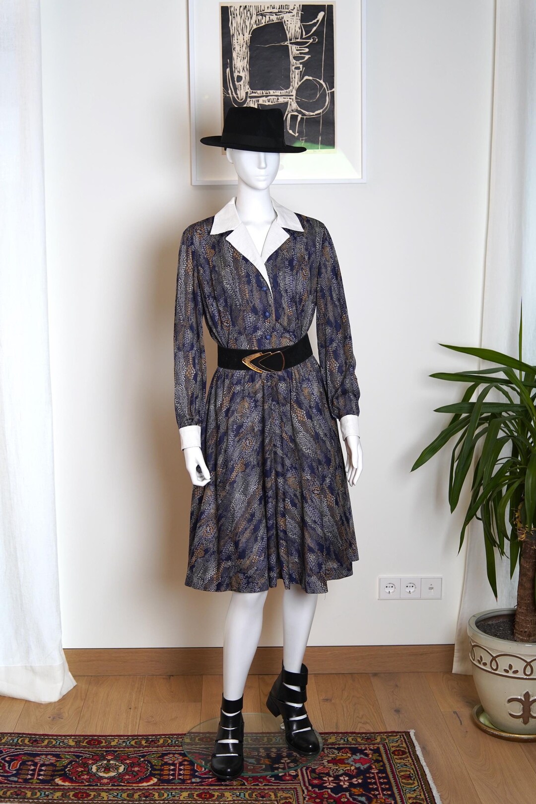 Vintage 80s Snake Print Midi Dress: Blue Collared Polyester - Etsy