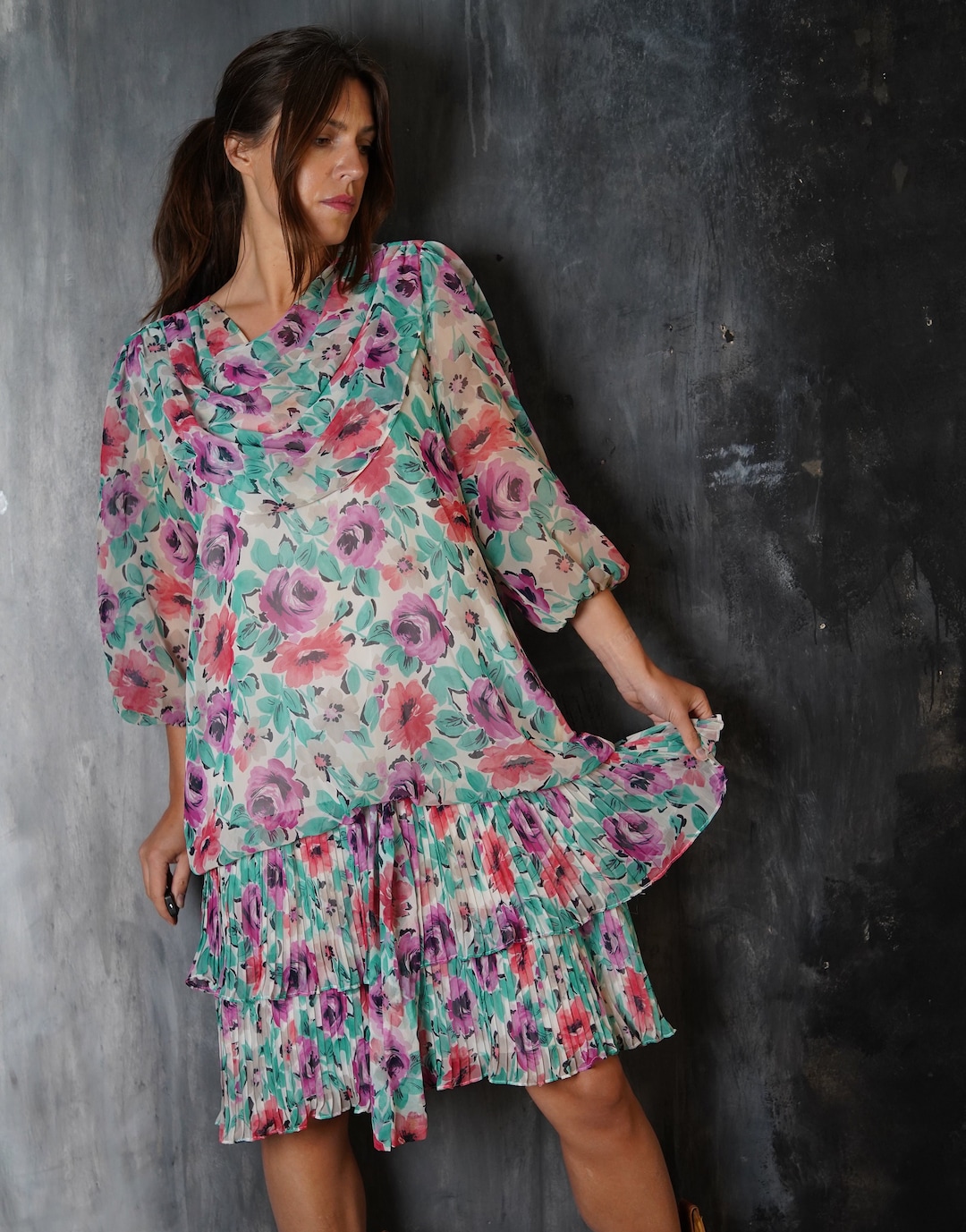 Vintage Floral French Dress Creations Doucel / 90s Floral Dress / XL ...