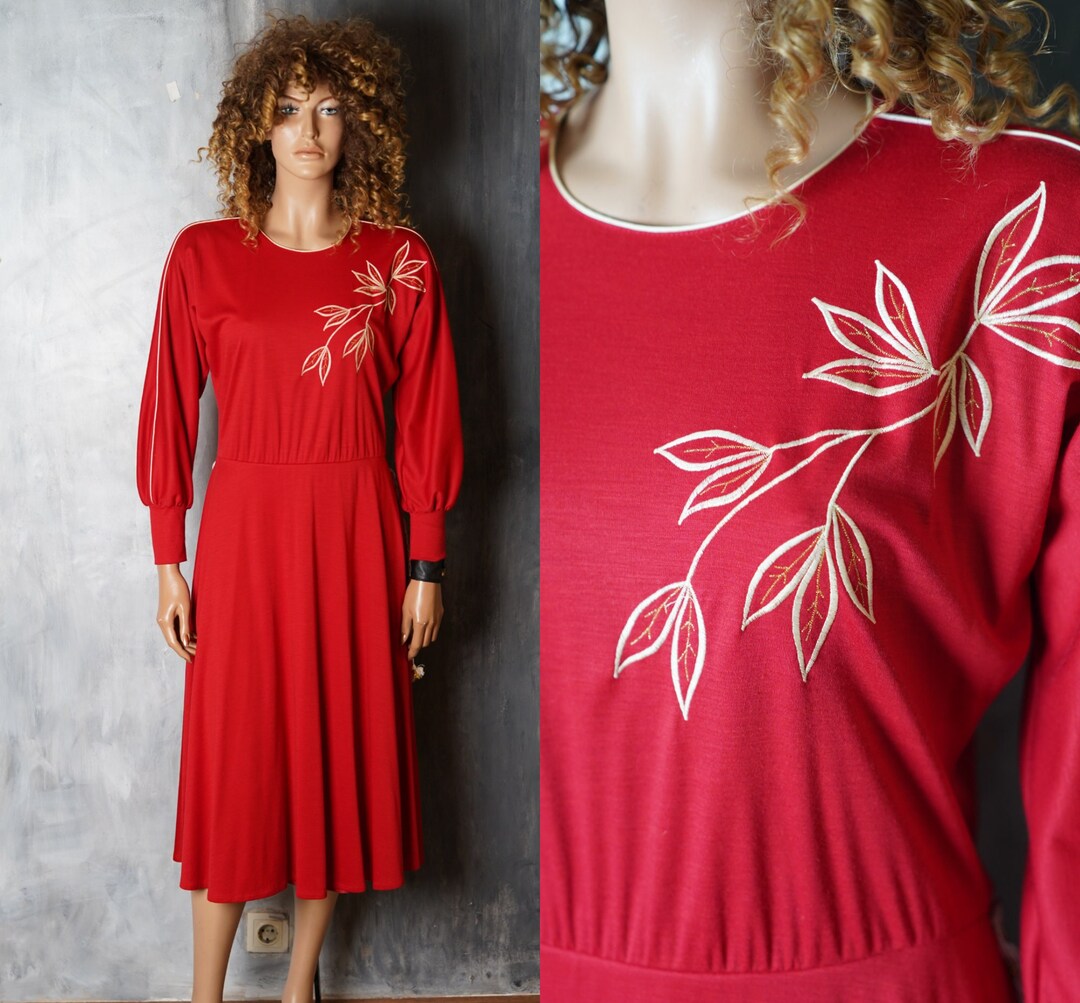 80s Red Dress / 80s Red Long Sleeve Midi Dress / Vintage Red Wool ...