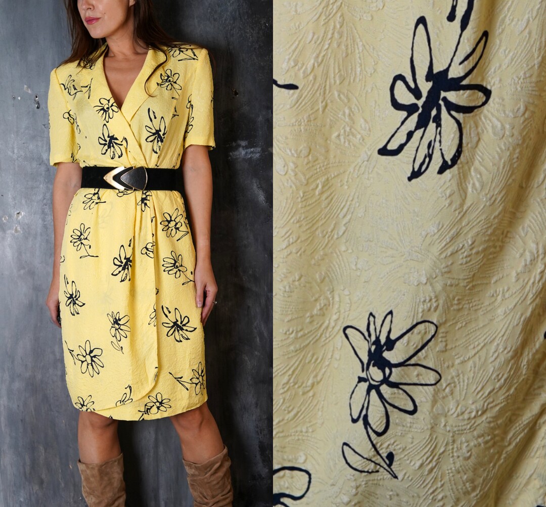 Vintage Fink Dress / Yellow Floral Wrap Dress / 80s Short Sleeve Midi ...