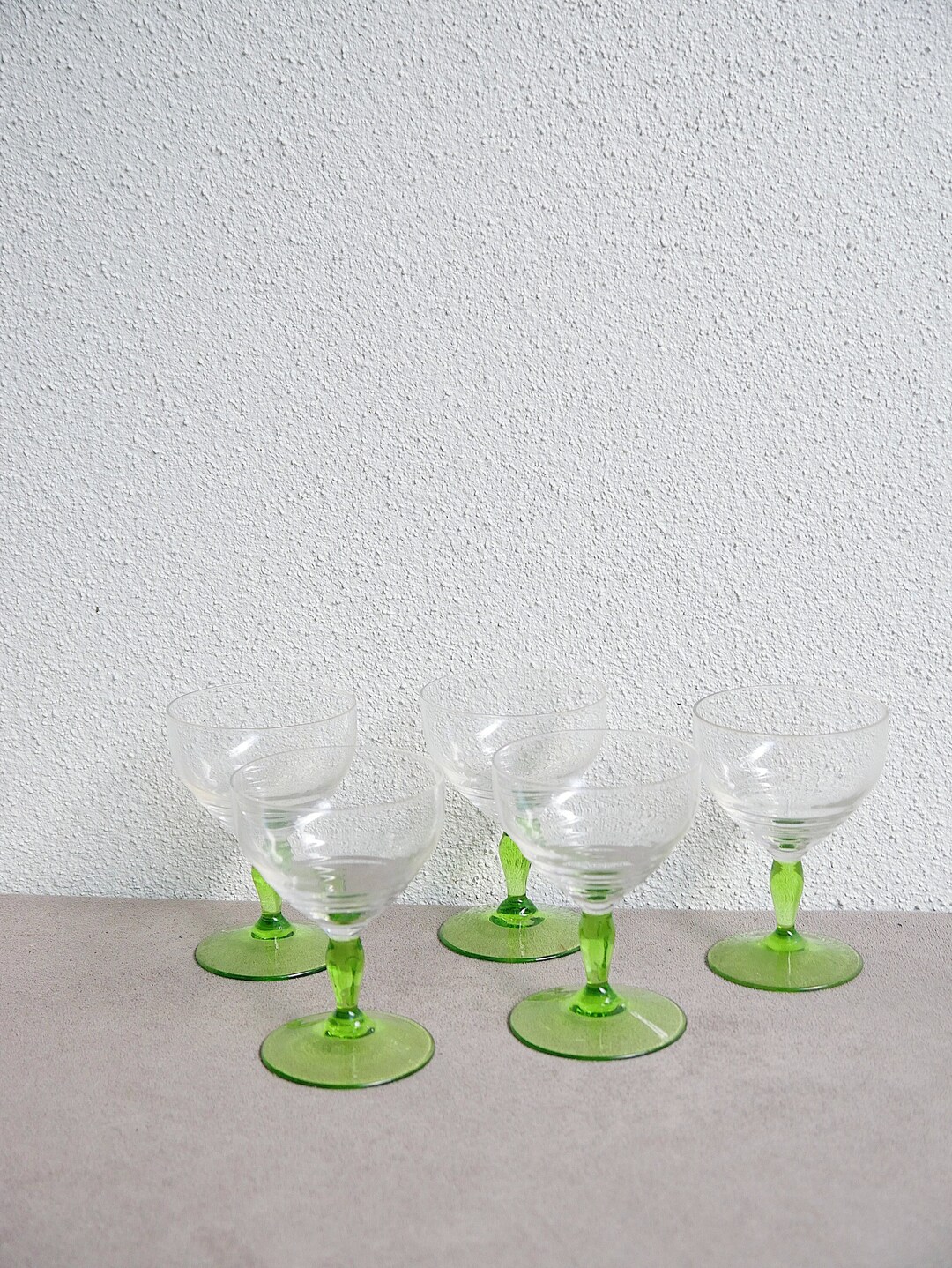 Set of Five French Luminarc Style Glasses / Green Liquer Glasses ...
