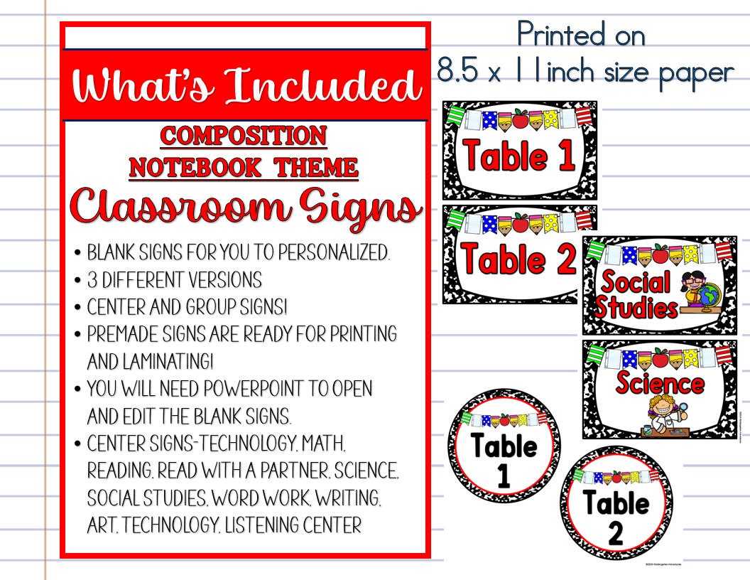 Table and Center Signs-composition Notebook Theme - Etsy
