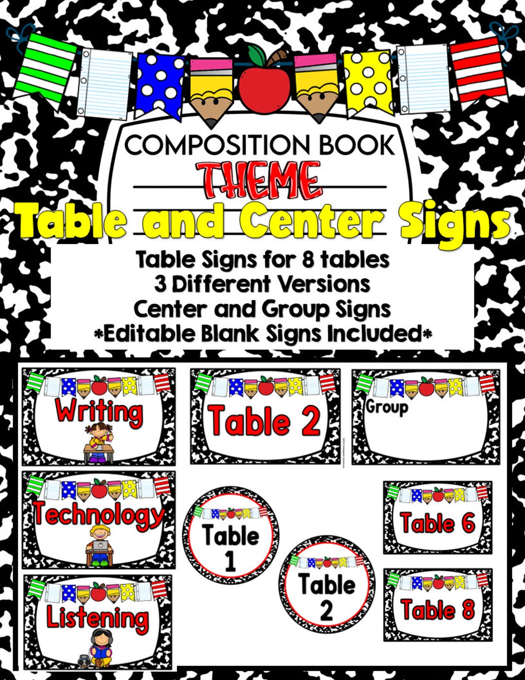 Table and Center Signs-composition Notebook Theme - Etsy