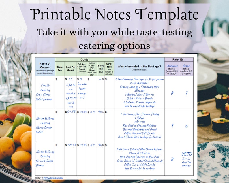 Wedding Catering Options Notes Printable for Budget Weddings | INSTANT ...
