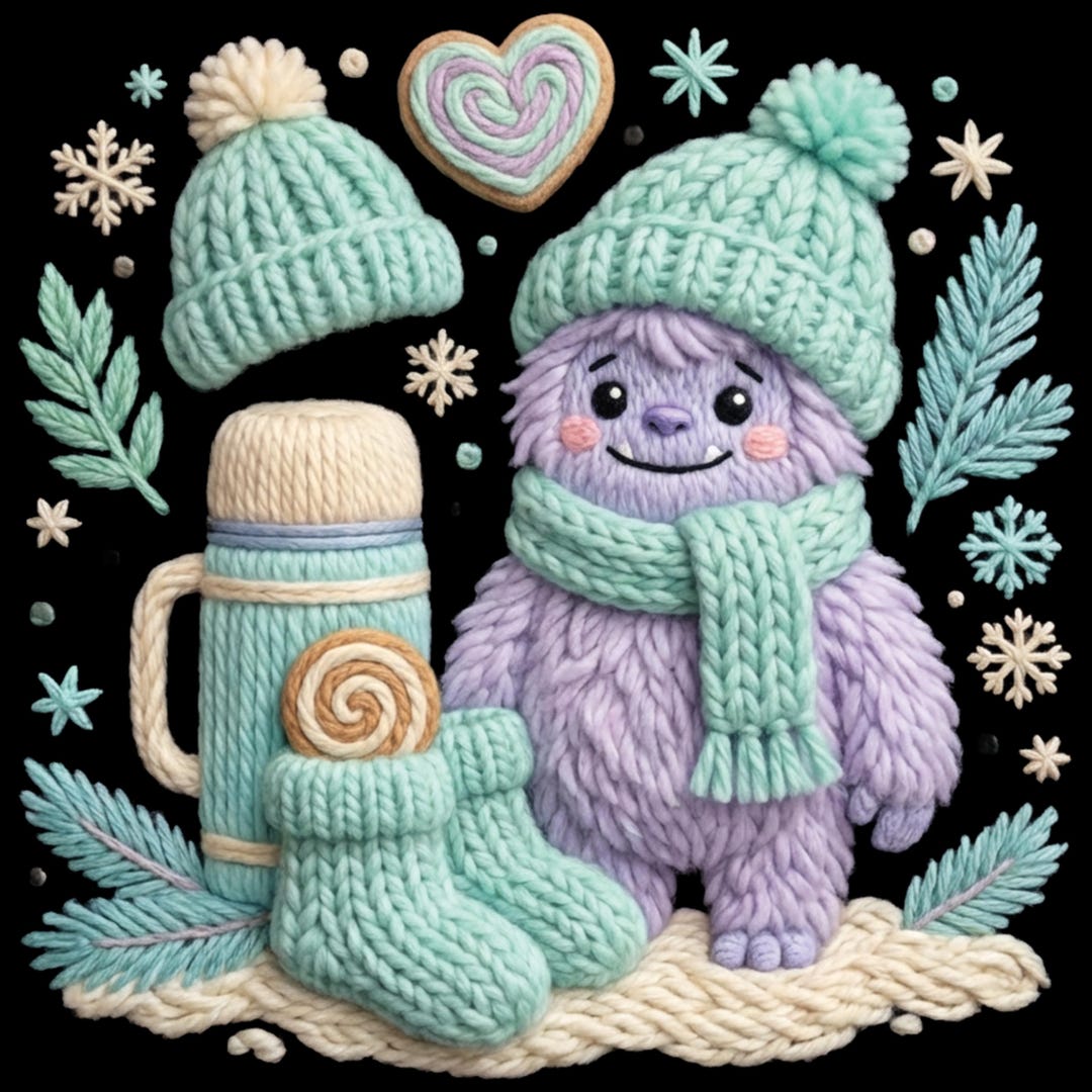 Cute Baby Yeti Winter Chunky Yarn Embroidery PNG Pastel Cozy Knit Art ...