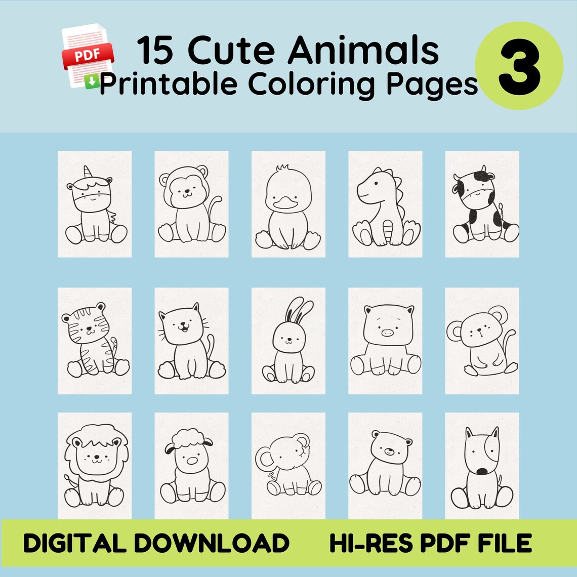 15 Printable Coloring Pages of Cute Animals (VOL 3) for Toddler ...