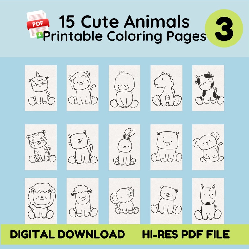15 Printable Coloring Pages of Cute Animals VOL 3 for - Etsy