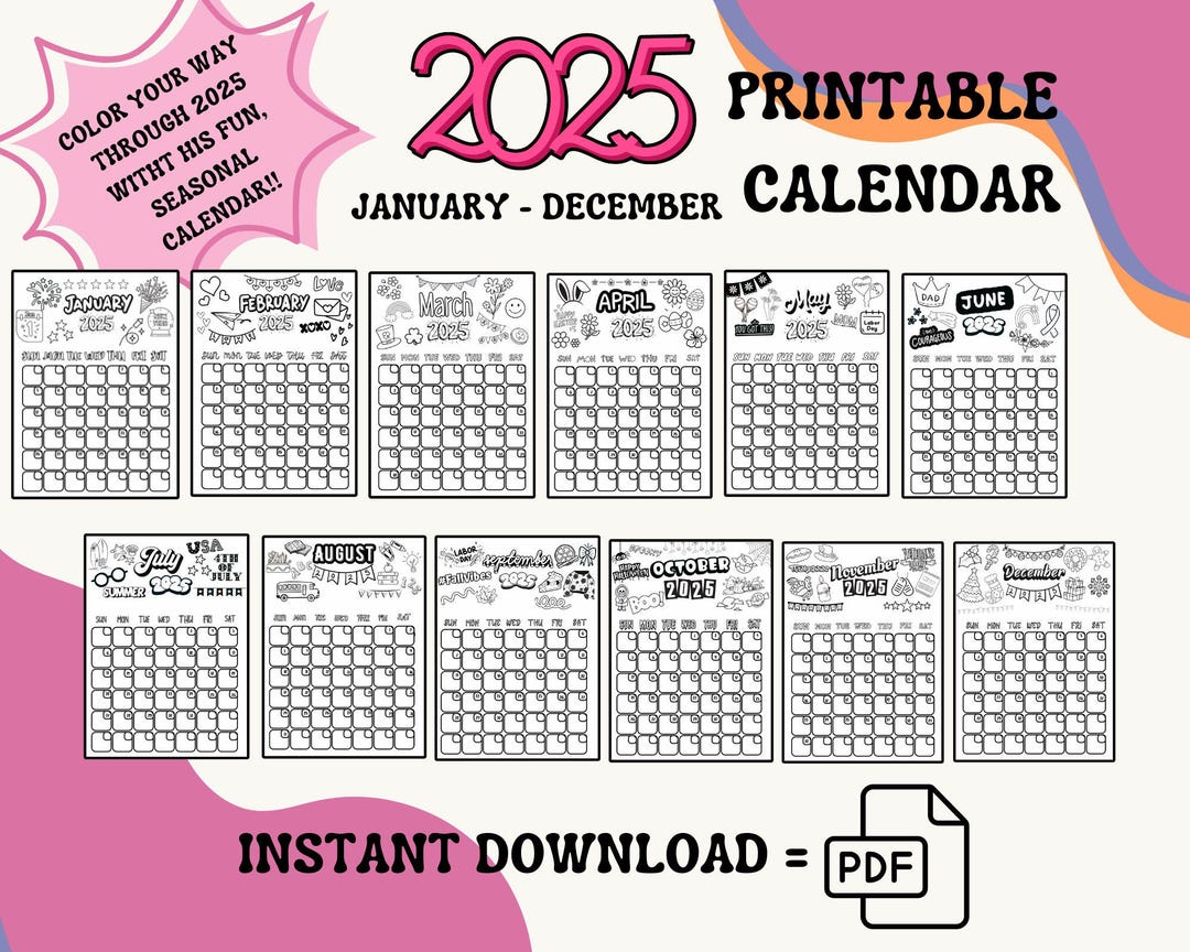 2025 Color-your-own Calendar | 12-month Printable - Etsy