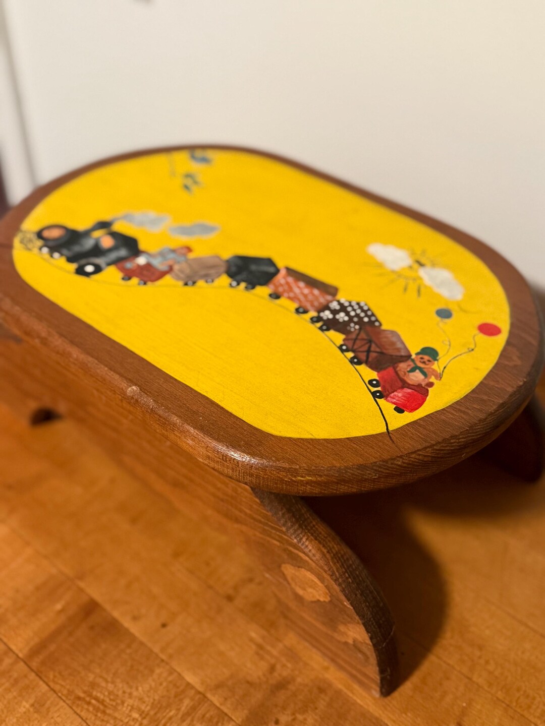 Vintage Wooden Step Stool| Kids Foot Stool Hand-painted Trains and Toys ...
